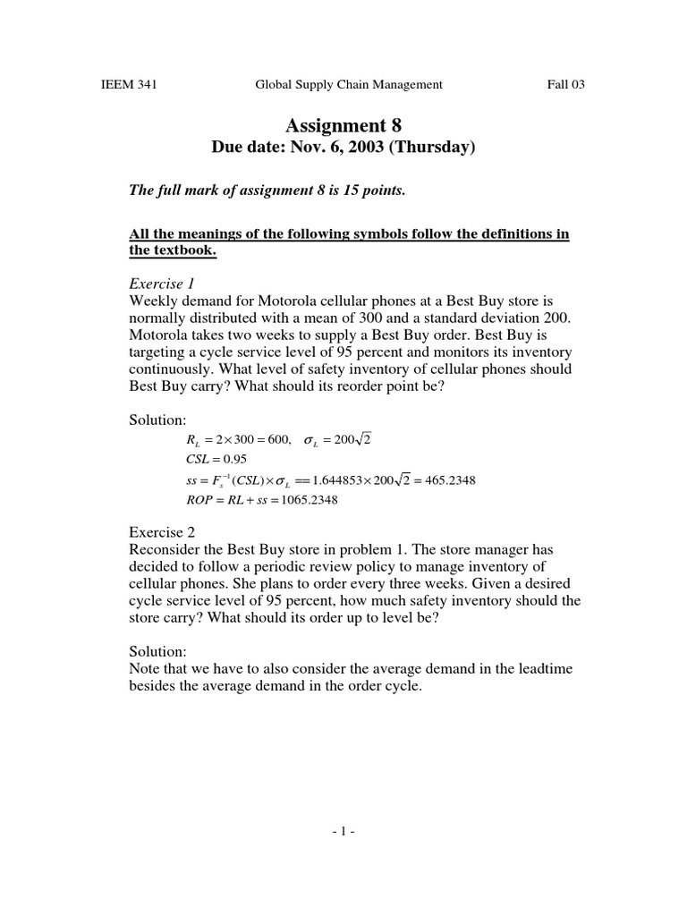 Assignment 8: Due Date: Nov. 6, 2003 (Thursday) | PDF | Standard Deviation | Inventory