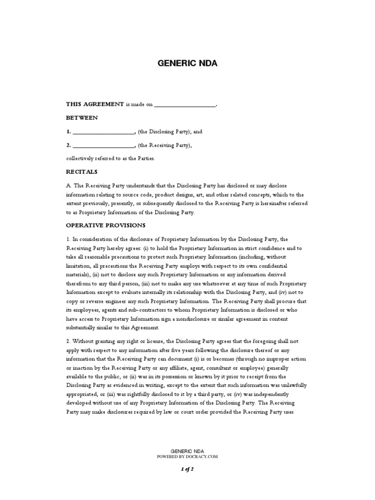 Generic Nda | PDF | Non Disclosure Agreement | Civil Law (Common Law)