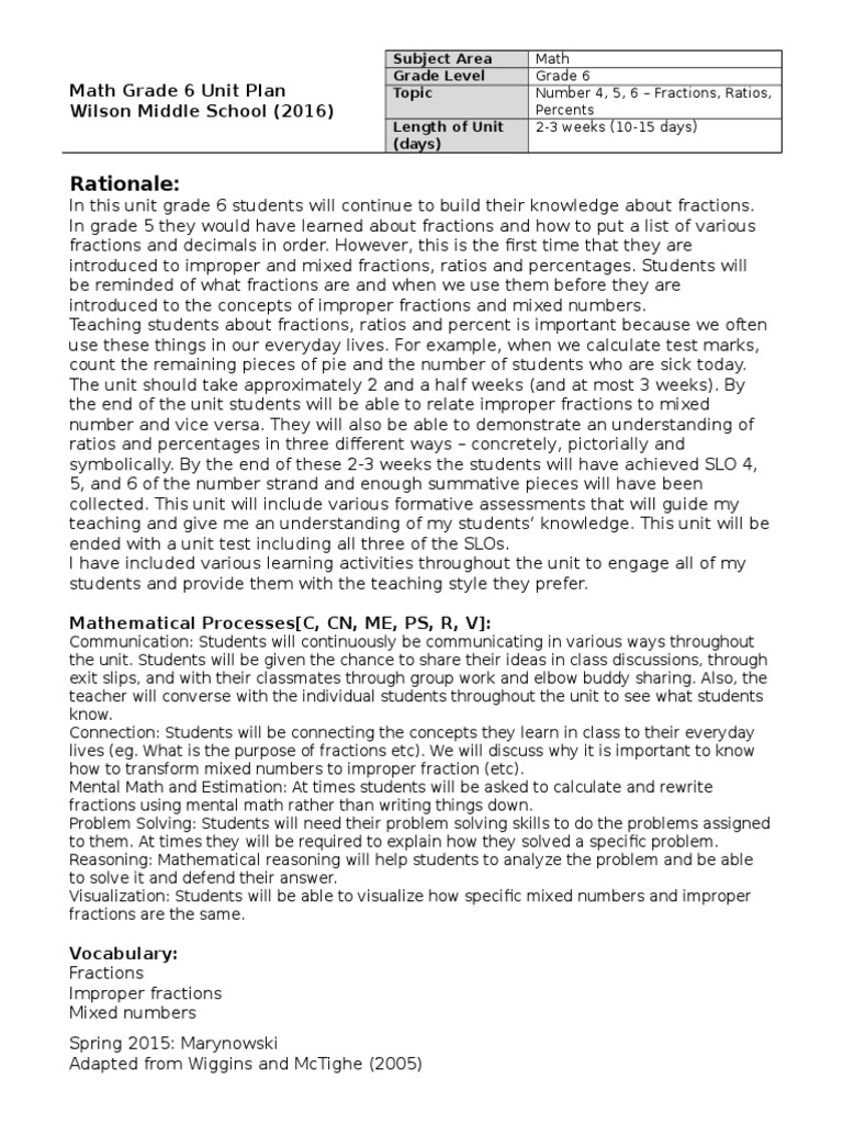 Math Grade 6 - Fractions Percents Ratios Unit Plan - 2016 | PDF ...