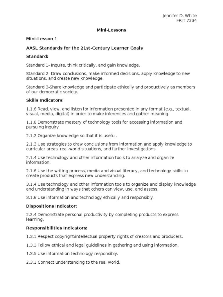Mini-Lessons Mini-Lesson 1 AASL Standards For The 21st-Century Learner ...