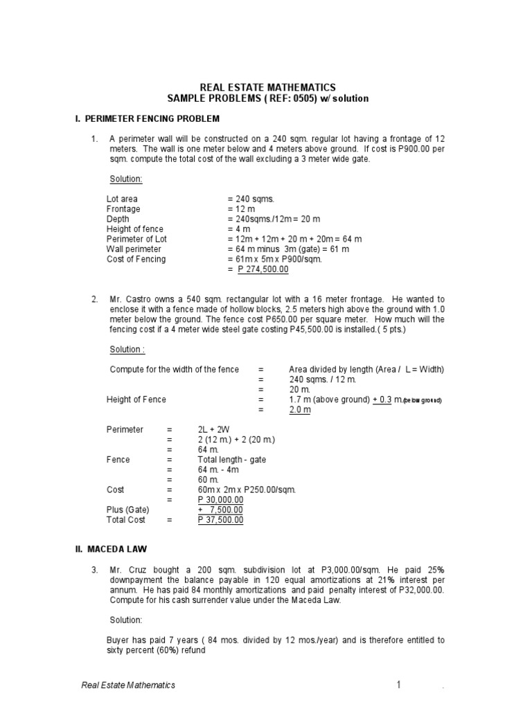 Real Estate Mathematics SAMPLE PROBLEMS (REF: 0505) W/ Solution | PDF ...
