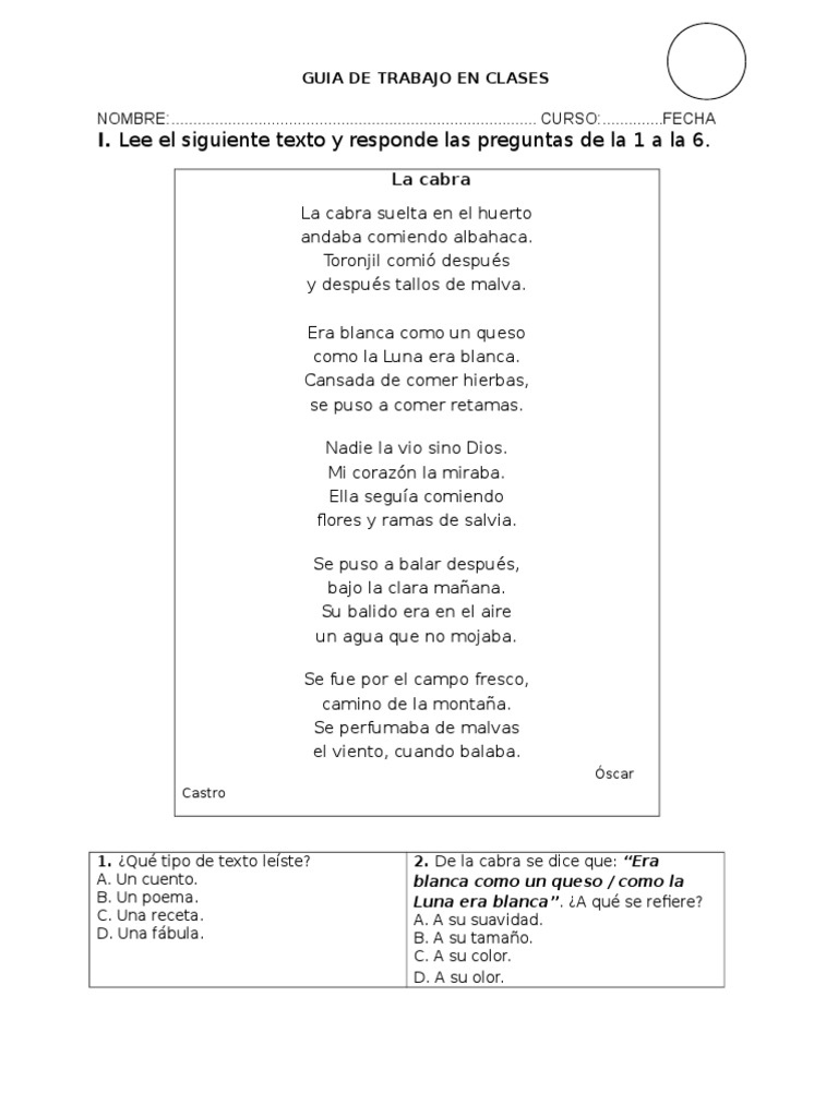Evaluación del poema "La cabra" | PDF