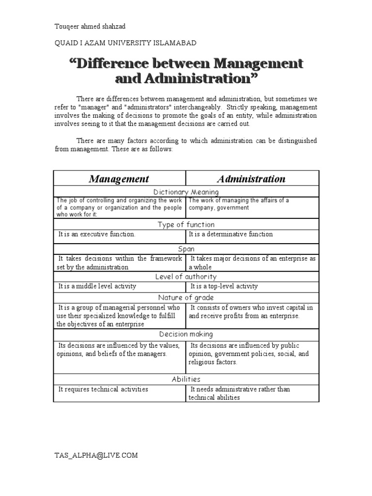 Difference Between Management Administration | PDF | Business | Economies