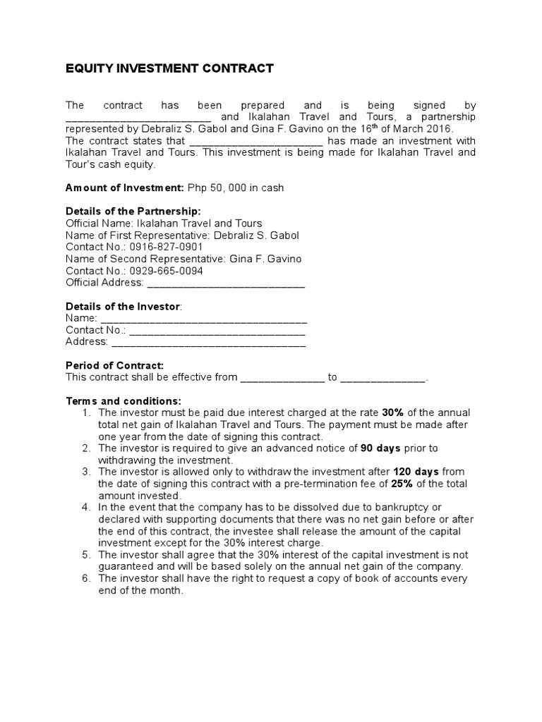Equity Investment Contract Template | PDF | Business | Finance & Money ...