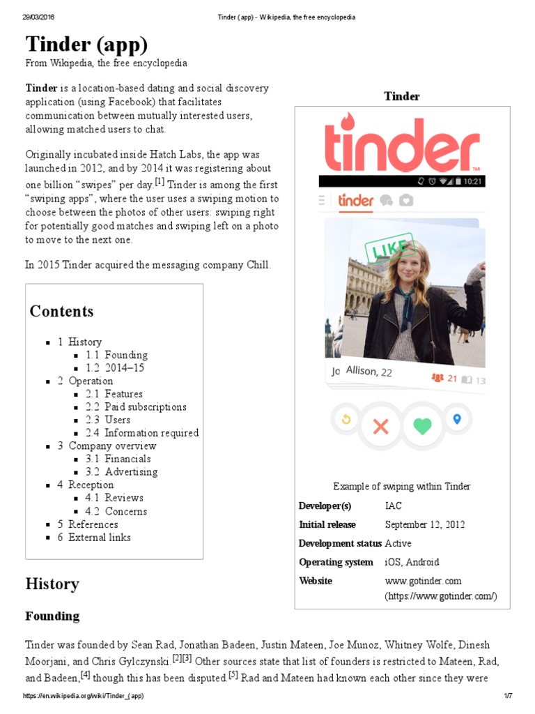 Tinder (App) - Wikipedia, The Free Encyclopedia | PDF | Tinder (App ...
