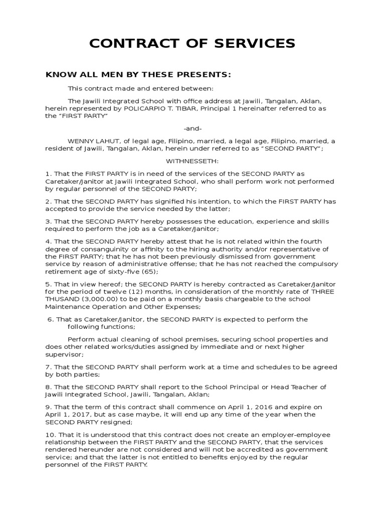 Contract of Services For School Caretaker/Janitor | PDF | Private Law ...