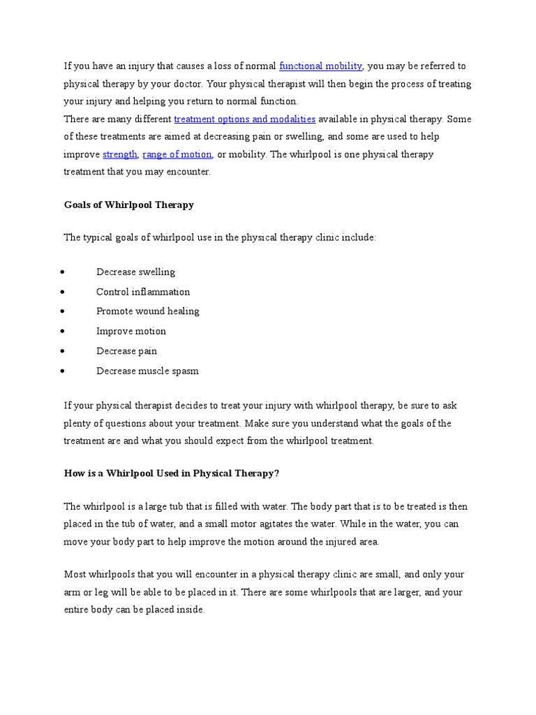 Functional Mobility: Goals of Whirlpool Therapy | PDF | Physical ...