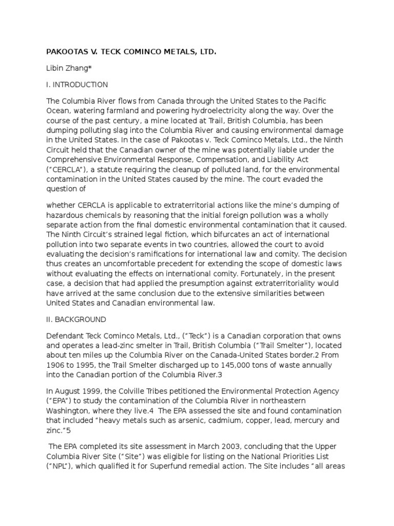 Pakootas v. Teck Cominco Metals, Ltd. | PDF | Superfund | Environmental Law