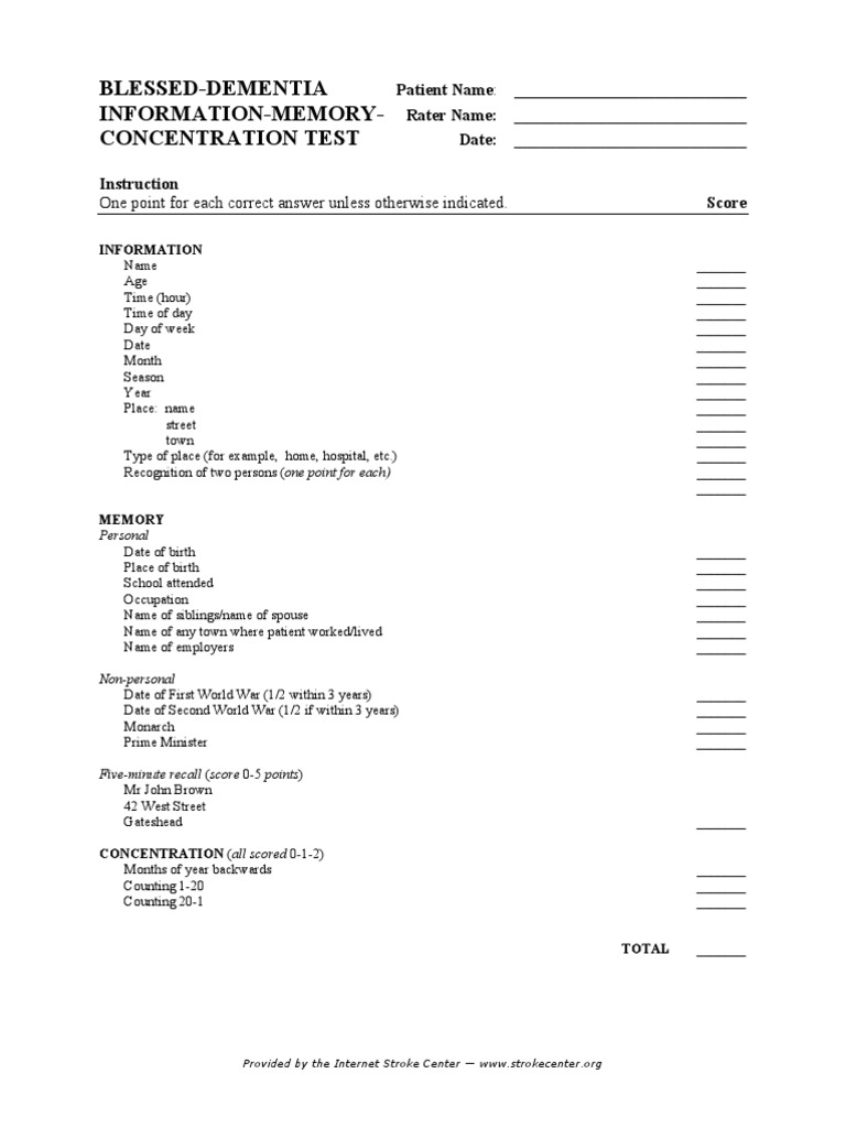 Blessed Dementia Memory Test | PDF | Dementia | Neuroscience
