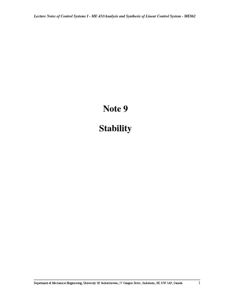 Note 9 Stability: Lecture Notes of Control Systems I - ME 431/analysis ...
