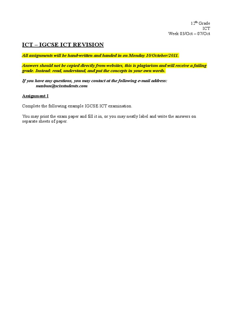 Ict – Igcse Ict Revision: 12 Grade ICT Week 03/Oct – 07/Oct
