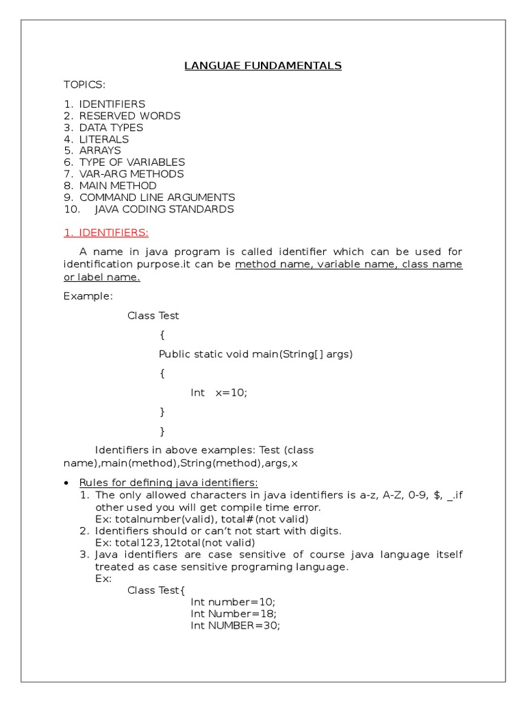 Languae Fundamentals: 1. Identifiers | PDF | Reserved Word | Java ... Languae Fundamentals: 1. Identifiers | PDF | Reserved Word | Java ...