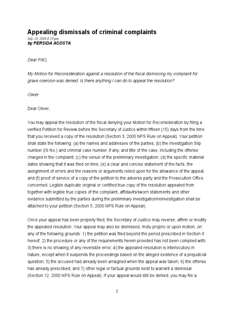 How to Appeal Criminal Complaint Dismissals | PDF | Complaint | Appeal