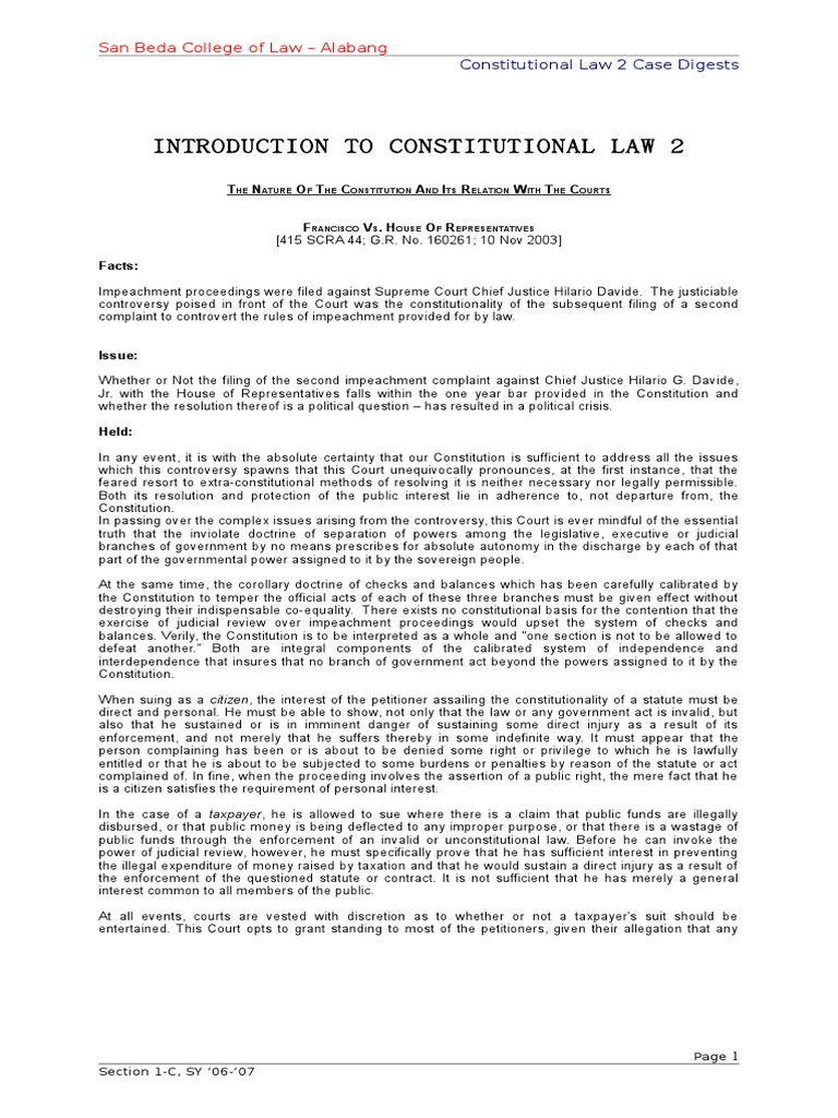 Introduction To Constitutional Law 2: San Beda College of Law - Alabang | PDF | Constitutional ...