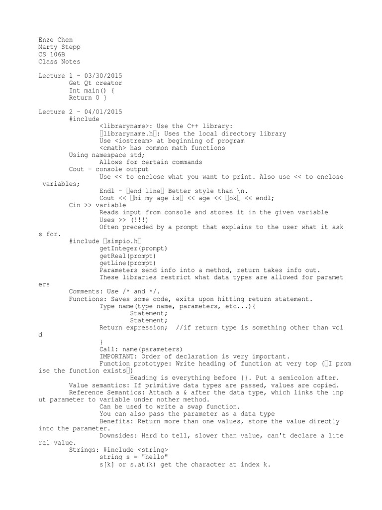 Cs 106b Class Notes Pdf Inheritance Object Oriented Programming Array Data Structure 