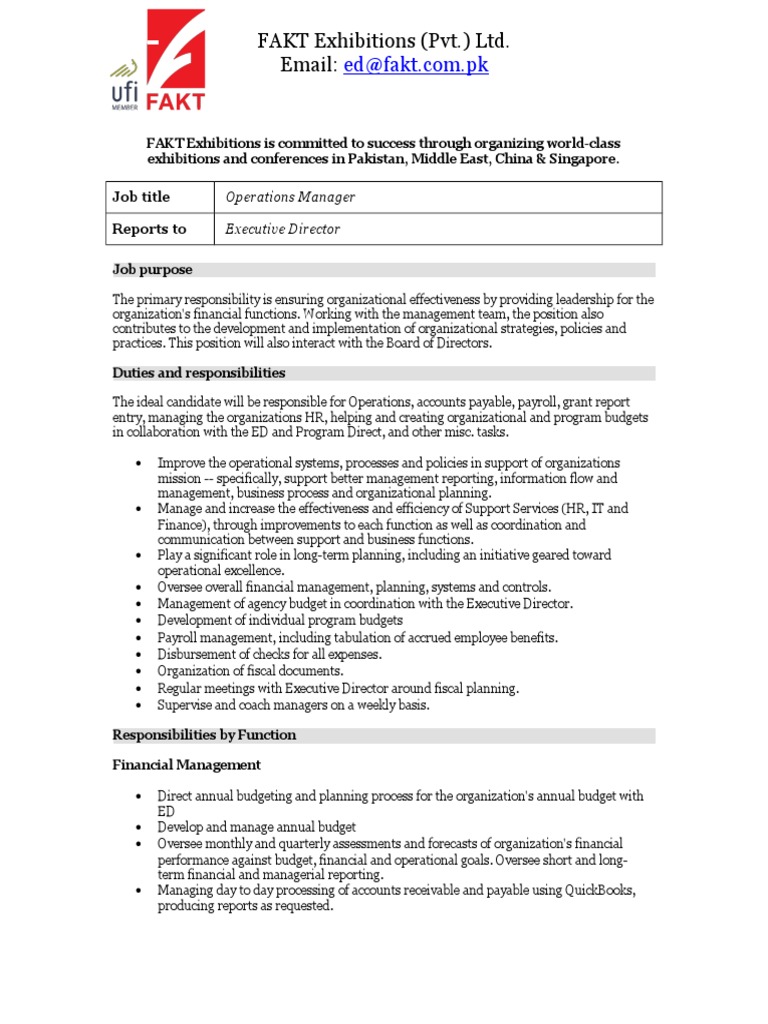 JD Operations Manager | PDF | Board Of Directors | Employment