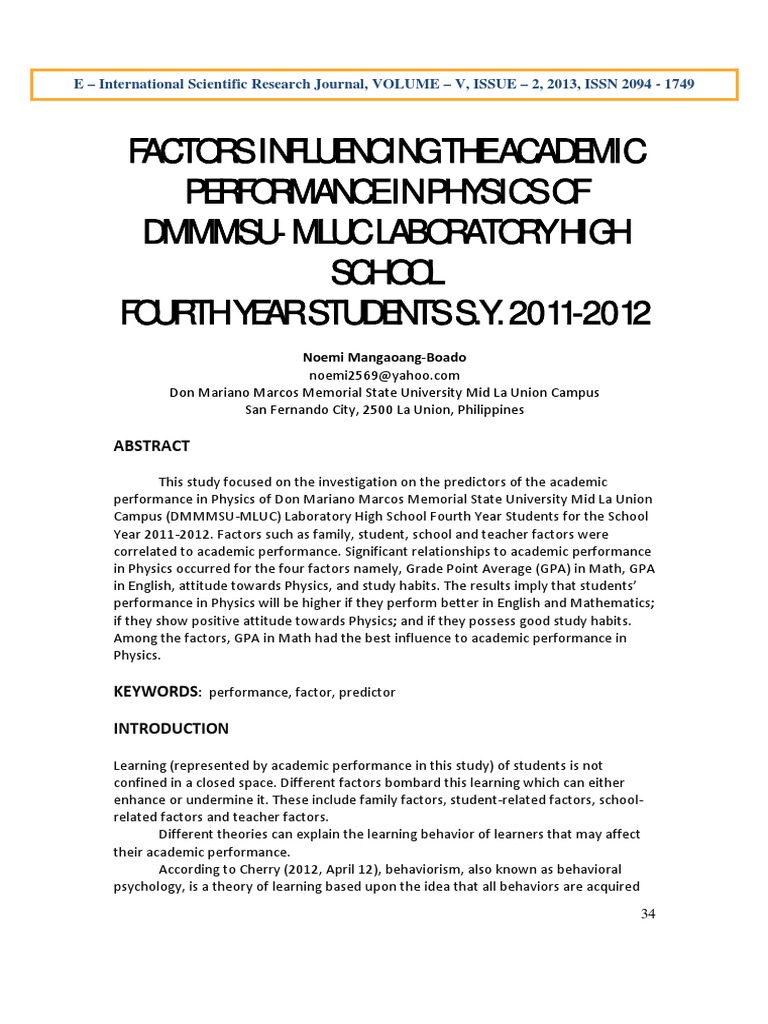 Factors Influencing The Academic Performance in Physics of DMMMSU - MLUC Laboratory High School ...