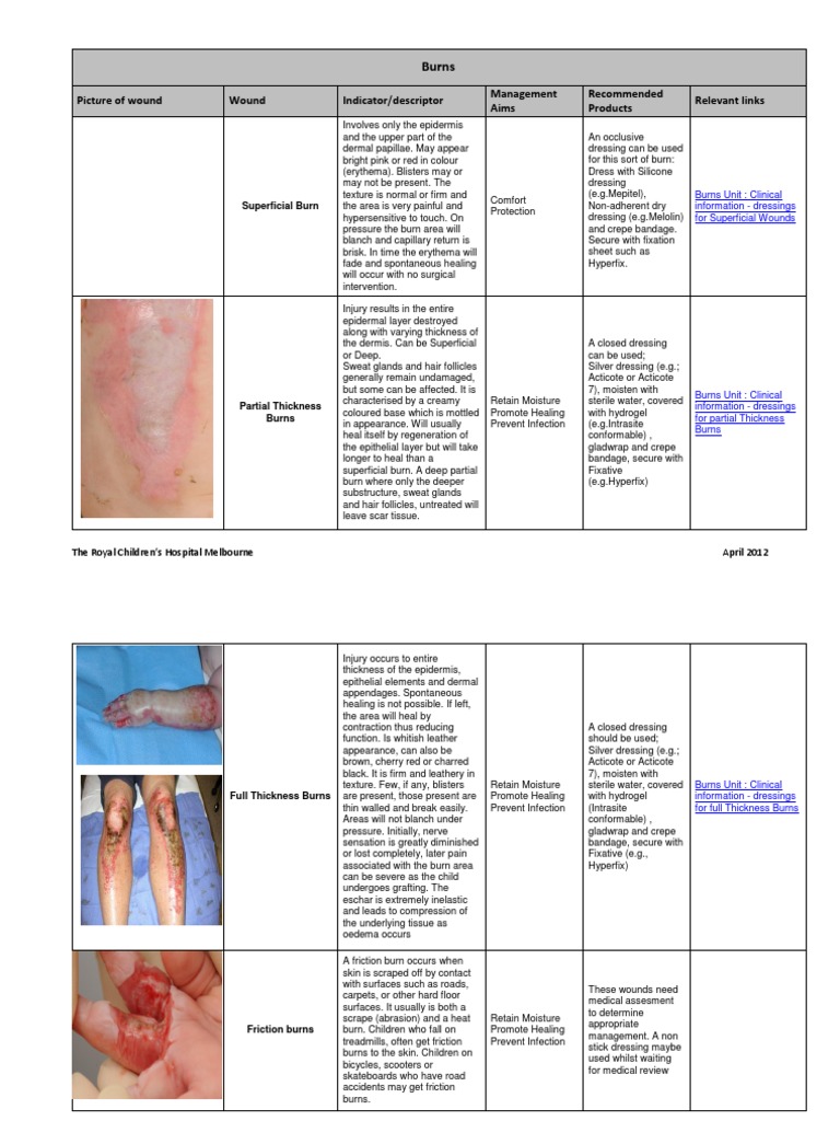 Burns: Picture of Wound Wound Indicator/descriptor Management Aims ...