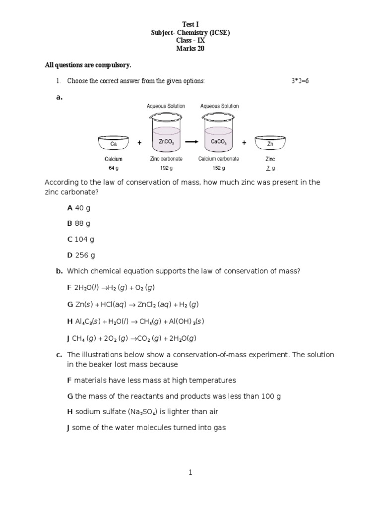 Question Paper of Law of Conservation of Mass - Class 9 | PDF