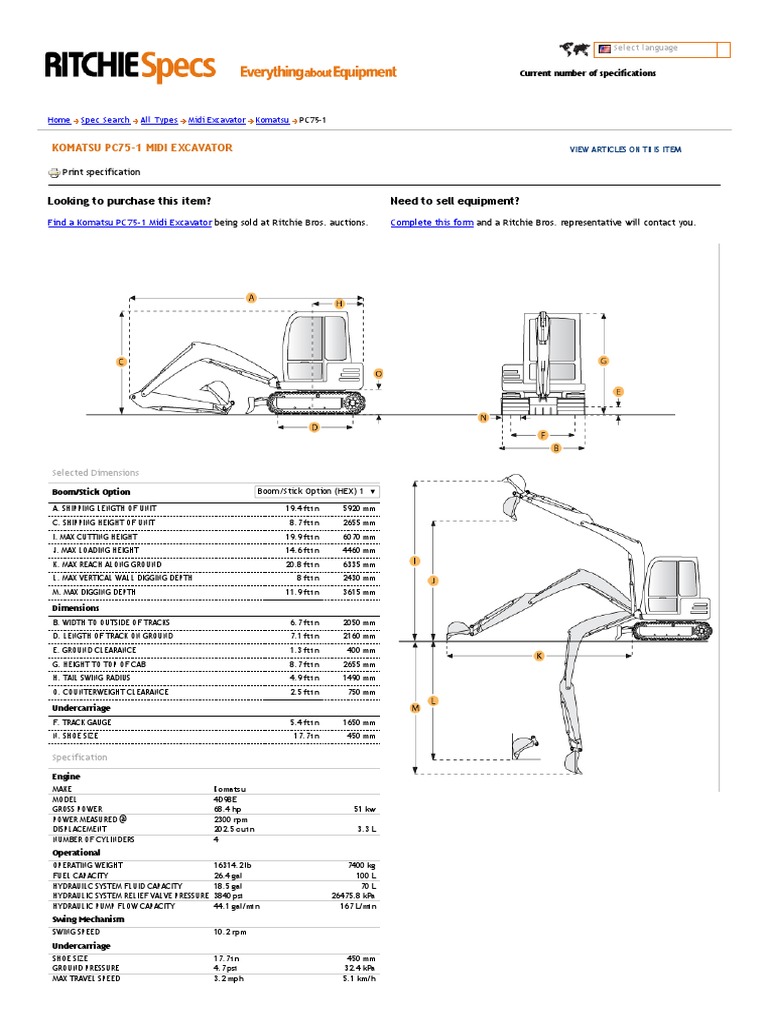 KOMATSU PC75‐1 MIDI EXCAVATOR SPEC | PDF | Vehicles | Mechanical ...