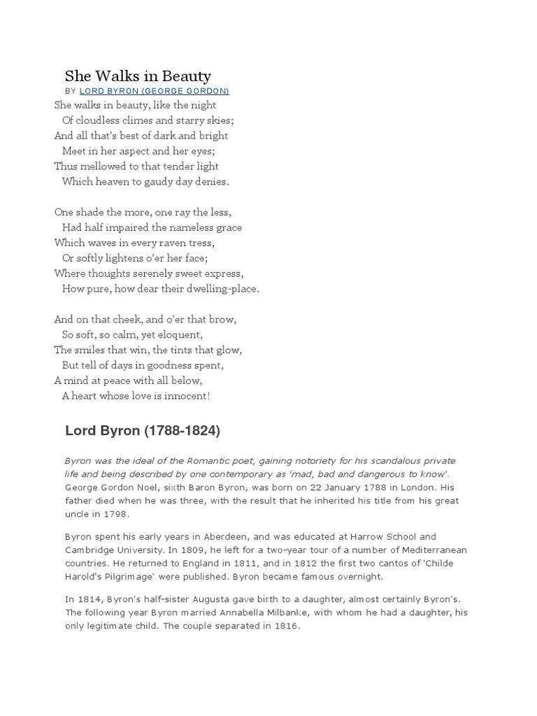 She Walks in Beauty | PDF | Lord Byron | Poetry