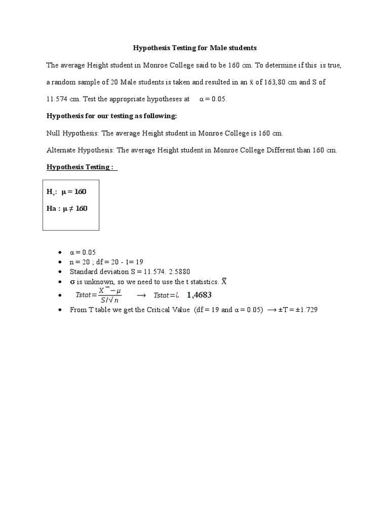 Hypothesis Testing: Male Student Height | PDF | Sports & Recreation ...