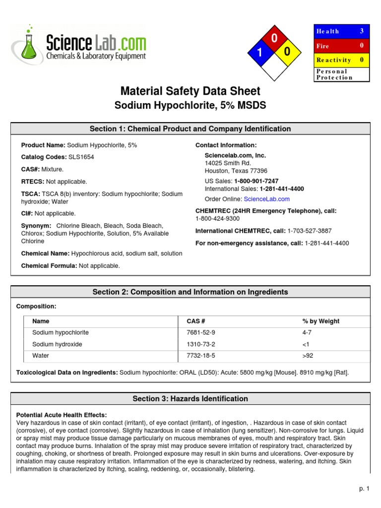 Msds Naocl | PDF | Ammonia | Ammonium