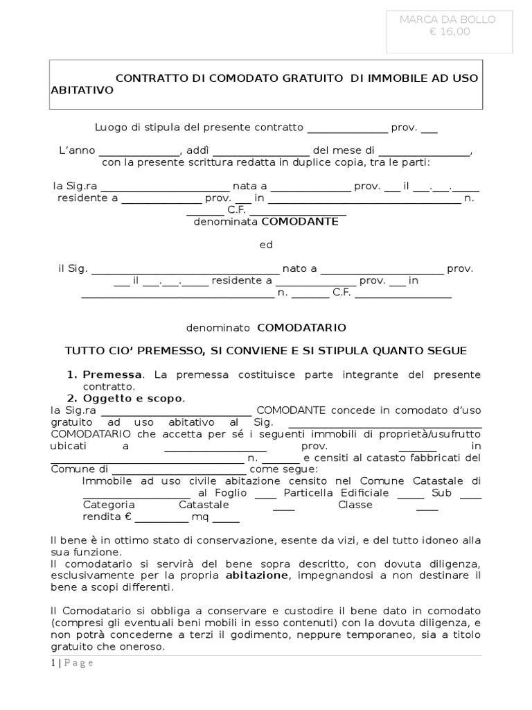 Contratto Di Comodato