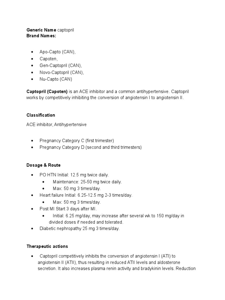 Generic Name Captopril Brand Names | PDF | Angiotensin | Hypertension
