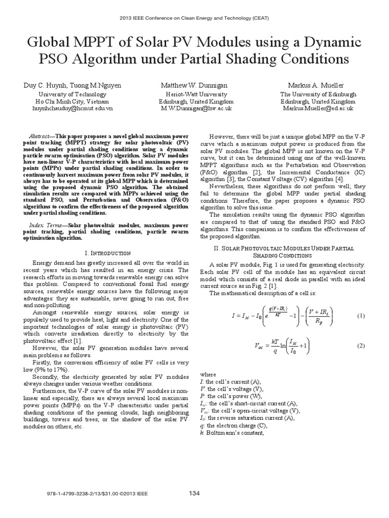 Global Mppt Of Solar Pv Modules Using A Dynamic Pso Algorithm Under Partial Shading Conditions