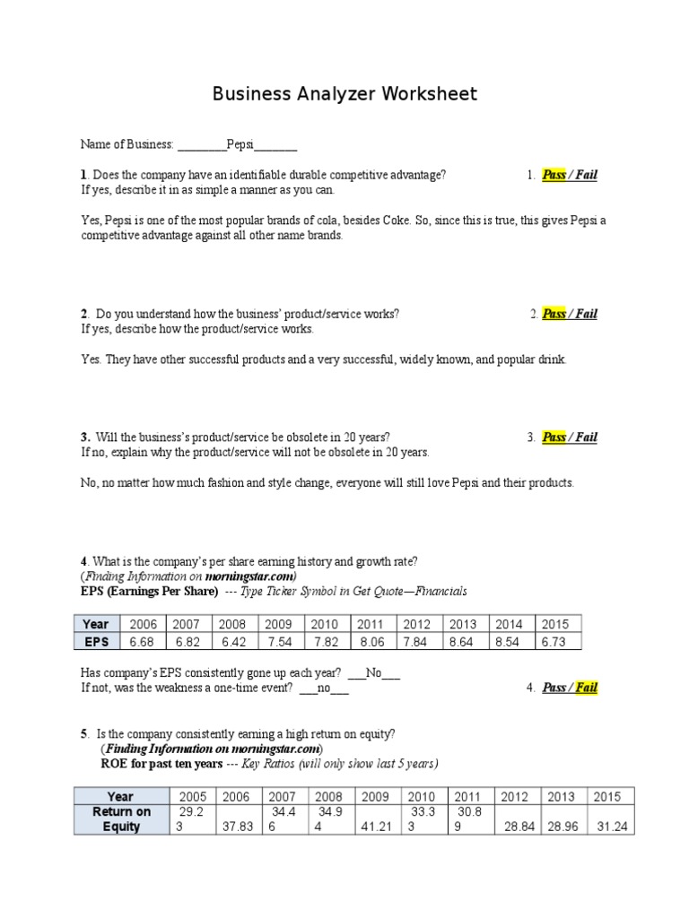 Pepsi Business Analysis Worksheet | PDF | Price–Earnings Ratio ...