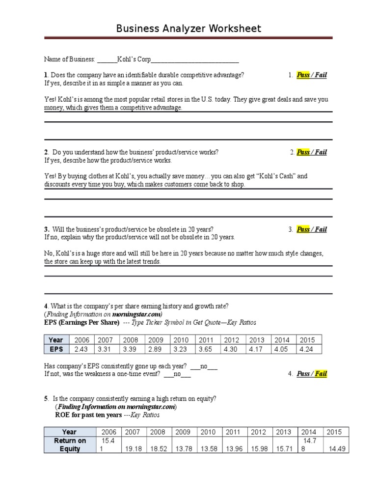 Business Analysis Worksheet Kohls | PDF | Price–Earnings Ratio | Equity ...