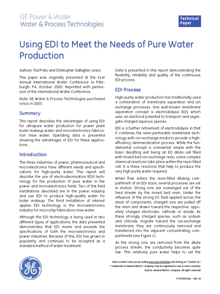 GE EDI Pure Water Production | PDF | Ion Exchange | Ion