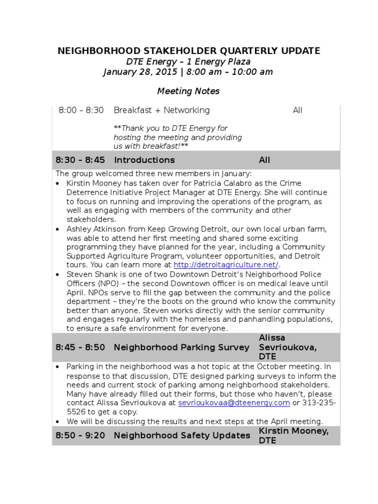 Neighborhood Stakeholder Meeting Notes | PDF | Detroit