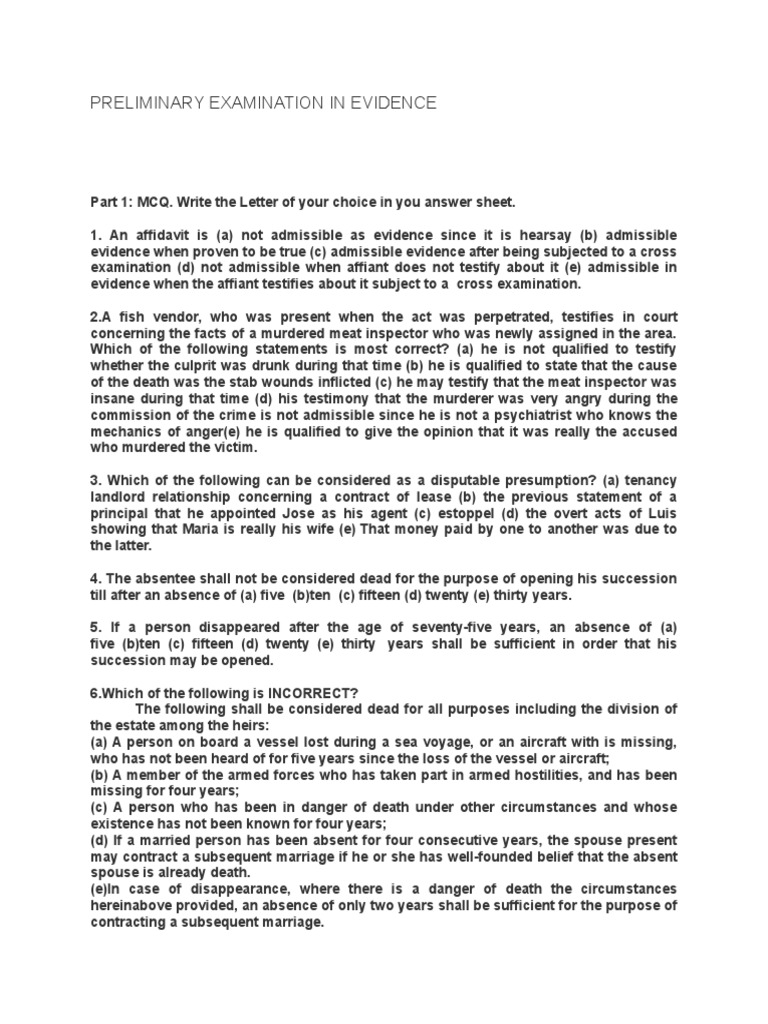 Preliminary Examination in Evidence | PDF | Evidence (Law) | Witness