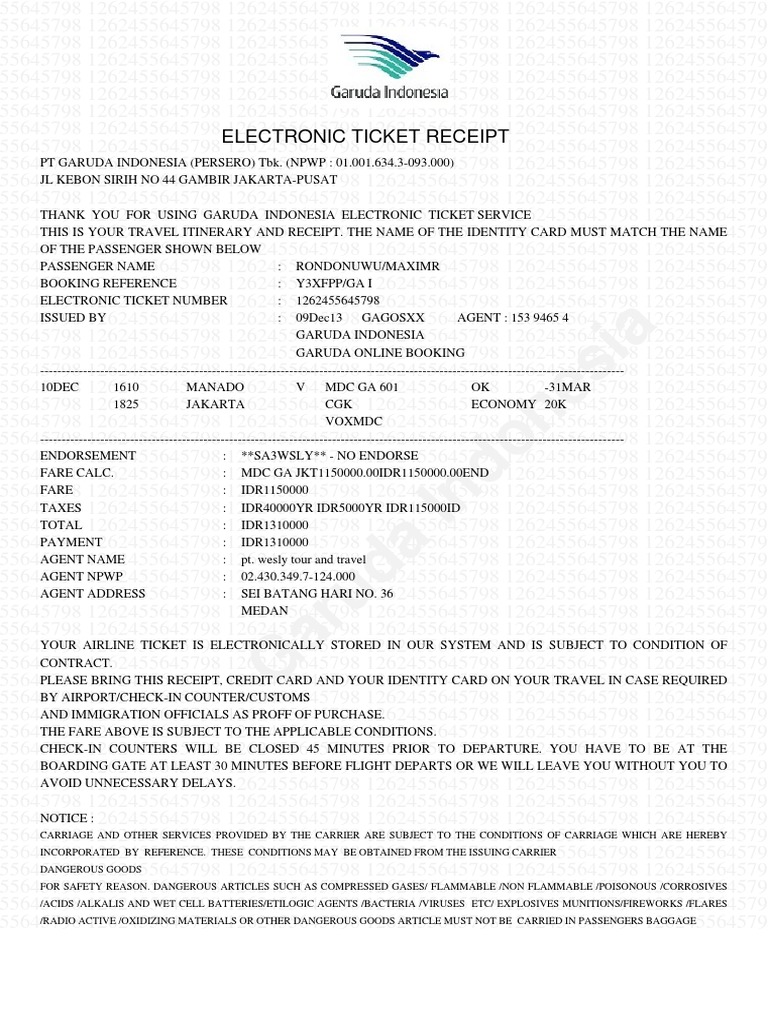 Garuda Indonesia: Electronic Ticket Receipt | PDF
