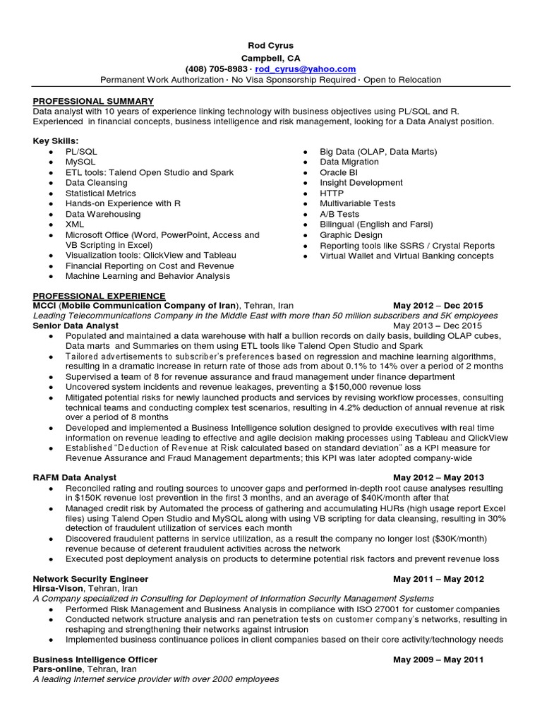 Data Analyst SQL Tableau In San Francisco Bay CA Resume Rod Cyrus ...