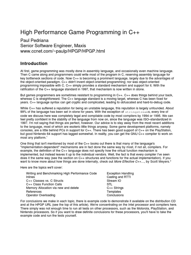 High Performance Game Programming In C Pdf C Pointer Computer Programming