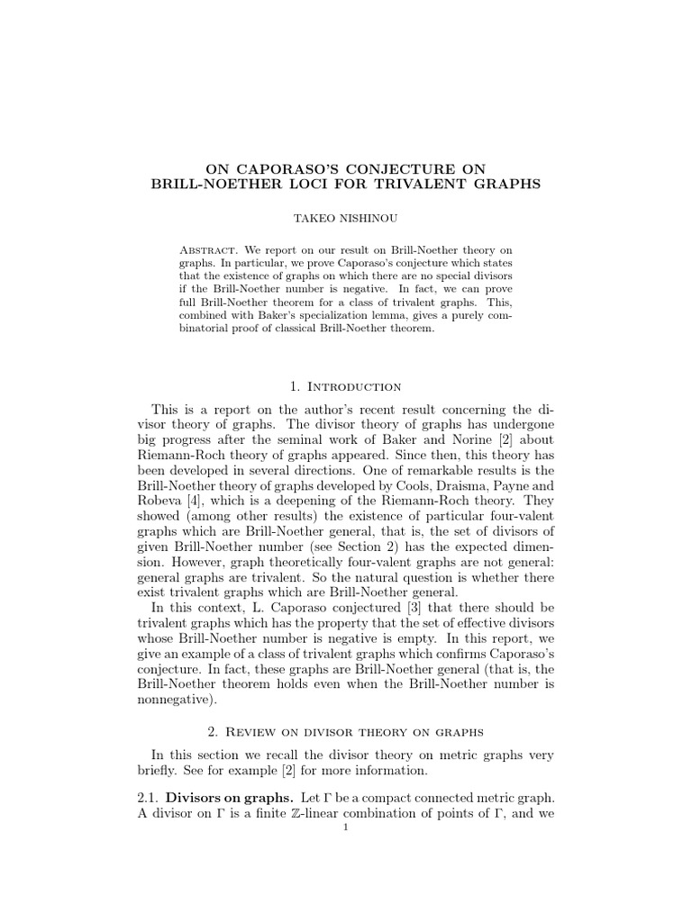 On Caporaso'S Conjecture On Brill-Noether Loci For Trivalent Graphs | PDF | Vertex (Graph Theory ...