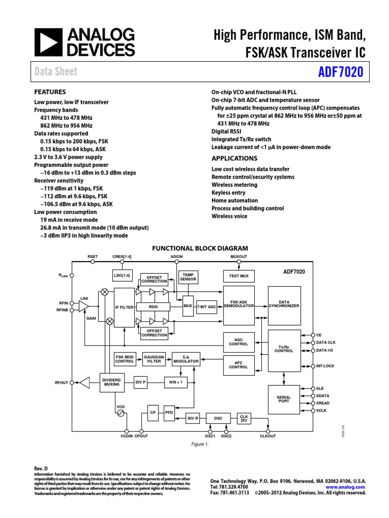 Adf7020 - Ism Fsk:Ask Transceiver | PDF | Capacitor | Modulation