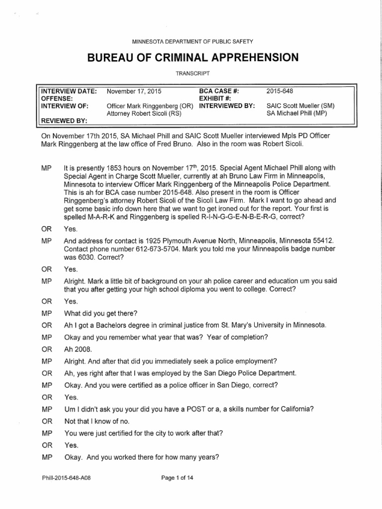Transcript of Officer Mark Ringgenberg Interview | PDF