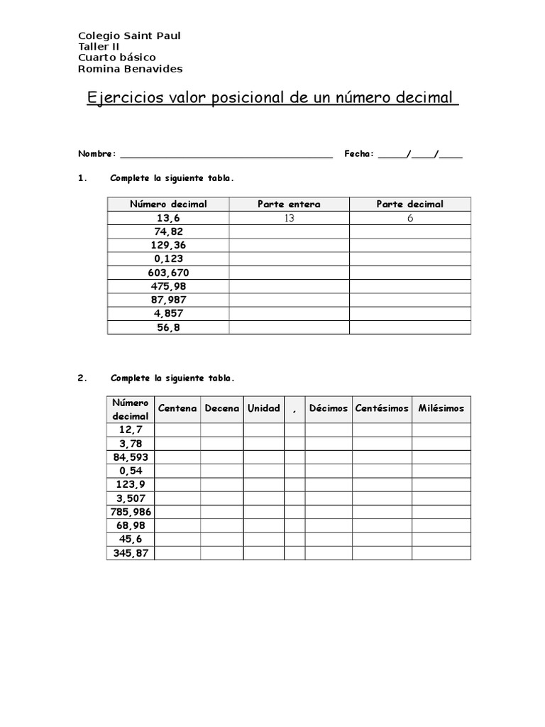 Hojas De Trabajo De Decimales Con Valor Posicional En Formato Pdf