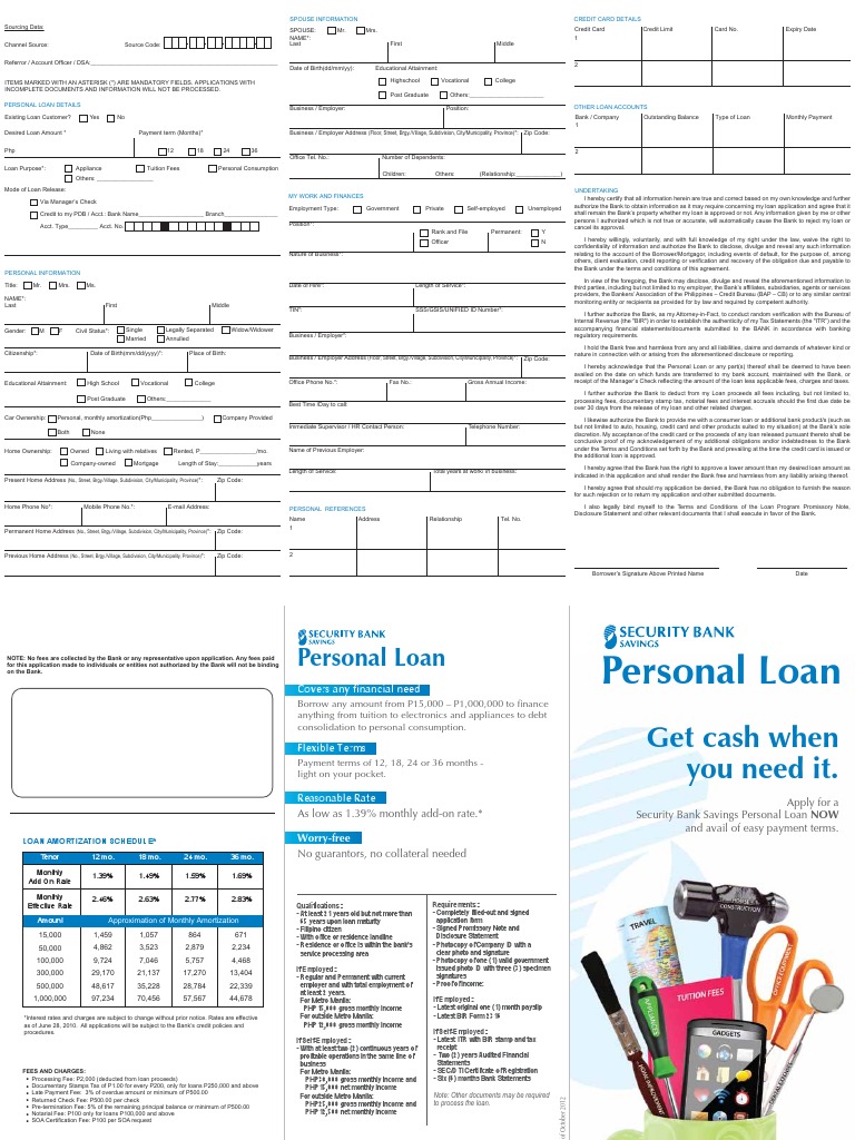 Security Bank Personal Loan App Form | Loans | Credit (Finance)