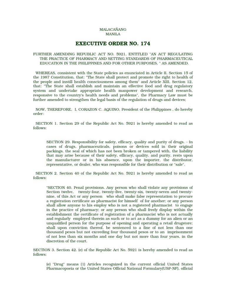 Executive Order 174 | Pharmacy | President Of The Philippines