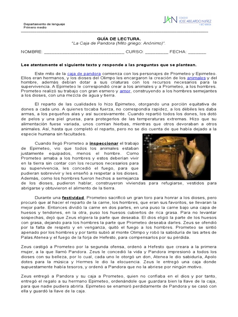 Guía de Lectura: Mito de Pandora | PDF | Prometeo | Religión y creencia