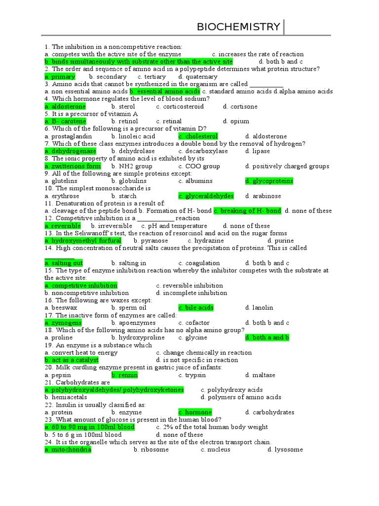 Biochemistry Prelim Exam Review | PDF | Biochemistry | Chemistry