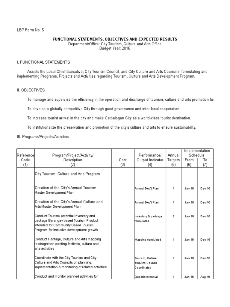 Functional Statements, Objectives and Expected Results: Annual Dev't ...