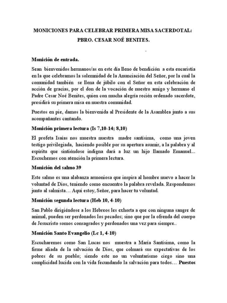 Moniciones para Primera Misa Sacerdotal | PDF | Misa (liturgia ...