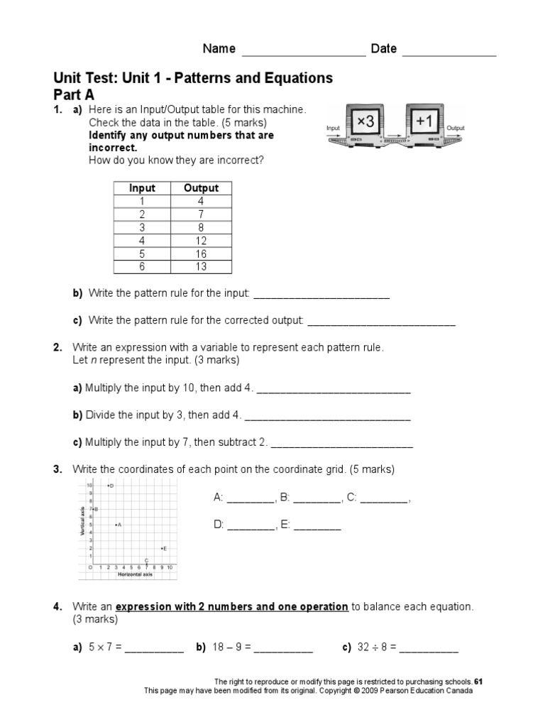 Patterns and Equations Unit Test - Use This One | PDF | Equations ...