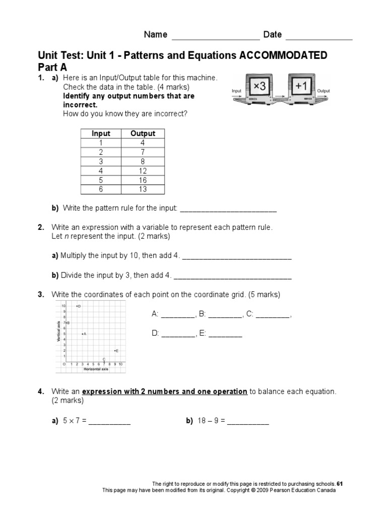 Patterns and Equations Accomodated Unit Test | PDF | Equations ...